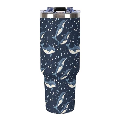 Whales Orcas Narwhals On Navy 40 Oz Tumbler Insulated Stainless Steel Water Bottle Travel Mug Car Cup with Handle And Straw