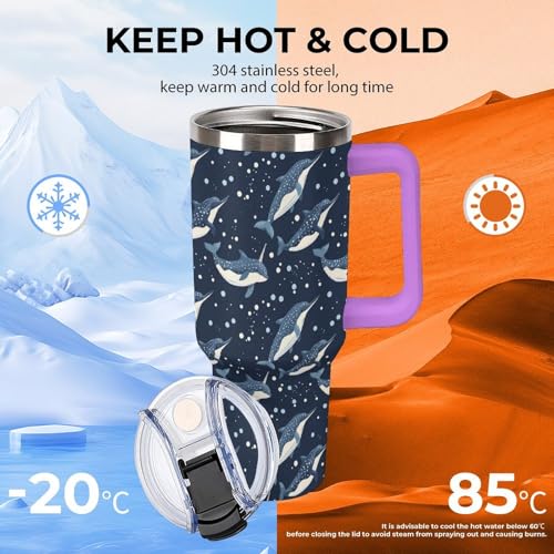 Whales Orcas Narwhals On Navy 40 Oz Tumbler Insulated Stainless Steel Water Bottle Travel Mug Car Cup with Handle And Straw