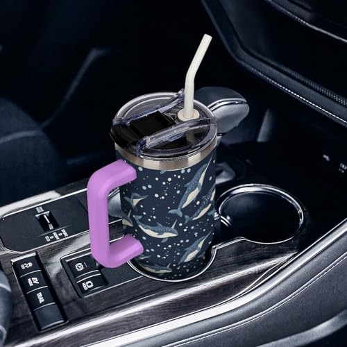 Whales Orcas Narwhals On Navy 40 Oz Tumbler Insulated Stainless Steel Water Bottle Travel Mug Car Cup with Handle And Straw