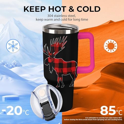 Plaid Moose Lumberjack Red Black 40 Oz Tumbler Insulated Stainless Steel Water Bottle Travel Mug Car Cup with Handle And Straw