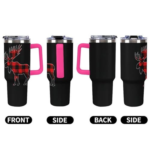 Plaid Moose Lumberjack Red Black 40 Oz Tumbler Insulated Stainless Steel Water Bottle Travel Mug Car Cup with Handle And Straw