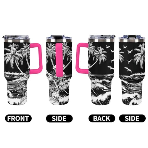 Palm Tree Black 40 Oz Tumbler Insulated Stainless Steel Water Bottle Travel Mug Car Cup with Handle And Straw