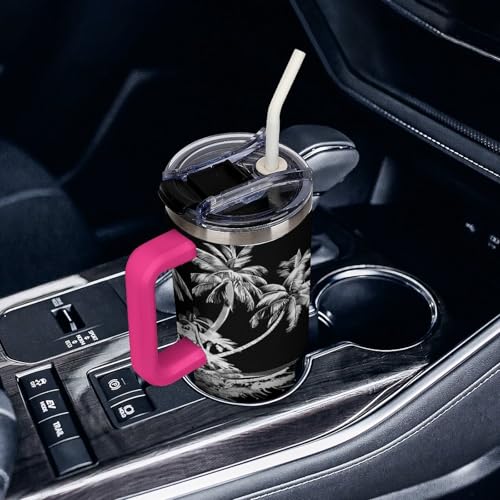 Palm Tree Black 40 Oz Tumbler Insulated Stainless Steel Water Bottle Travel Mug Car Cup with Handle And Straw