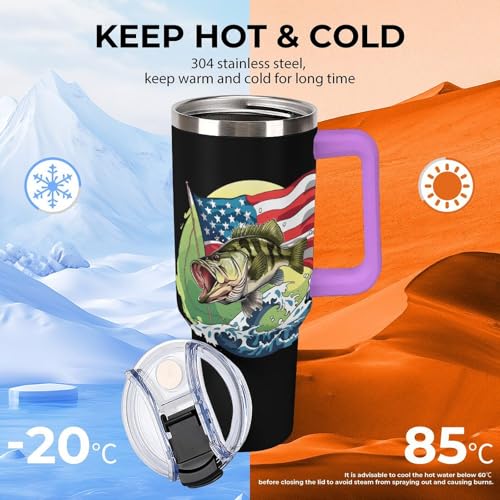 Bass Fish U.S Flag 40 Oz Tumbler Insulated Stainless Steel Water Bottle Travel Mug Car Cup with Handle And Straw