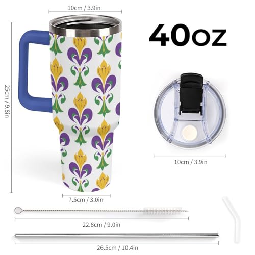 Mardies Grass De Lis 40 Oz Tumbler Insulated Stainless Steel Water Bottle Travel Mug Car Cup with Handle And Straw