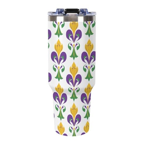Mardies Grass De Lis 40 Oz Tumbler Insulated Stainless Steel Water Bottle Travel Mug Car Cup with Handle And Straw
