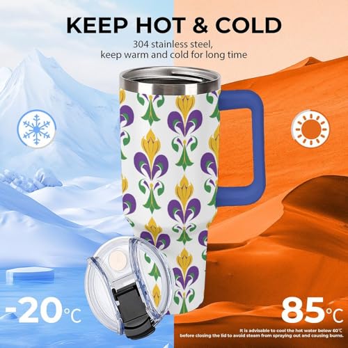 Mardies Grass De Lis 40 Oz Tumbler Insulated Stainless Steel Water Bottle Travel Mug Car Cup with Handle And Straw