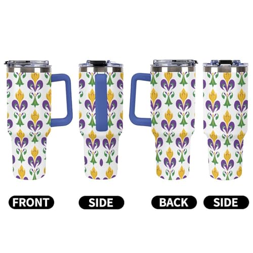Mardies Grass De Lis 40 Oz Tumbler Insulated Stainless Steel Water Bottle Travel Mug Car Cup with Handle And Straw