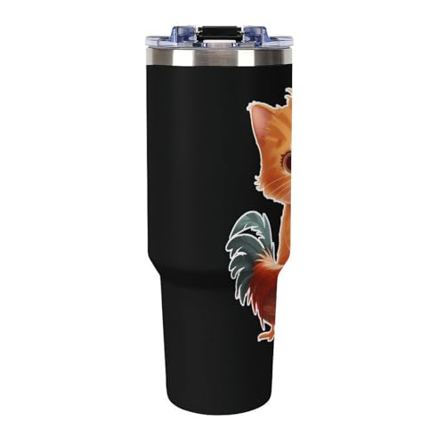 Orange Cat Sitting on A Rooster 40 Oz Tumbler Insulated Stainless Steel Water Bottle Travel Mug Car Cup with Handle And Straw
