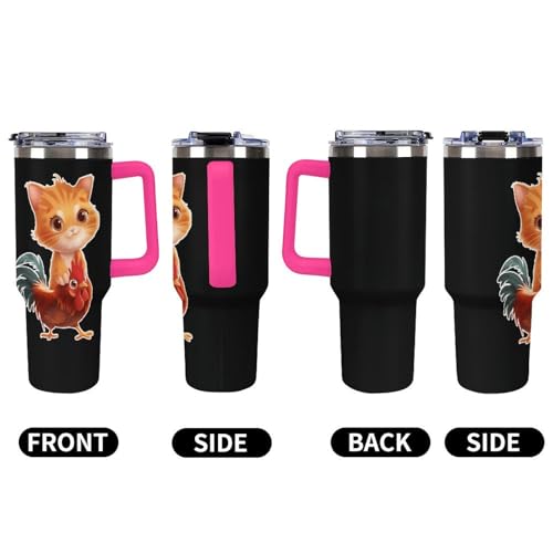 Orange Cat Sitting on A Rooster 40 Oz Tumbler Insulated Stainless Steel Water Bottle Travel Mug Car Cup with Handle And Straw