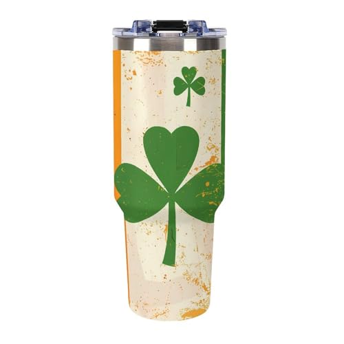 Irish Flag With Shamrock Pattern 40 Oz Tumbler Insulated Stainless Steel Water Bottle Travel Mug Car Cup with Handle And Straw