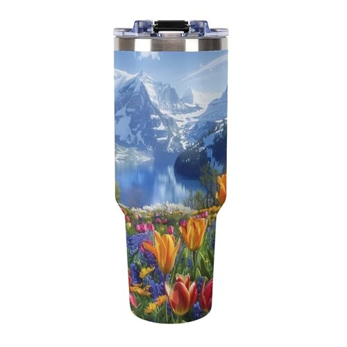Tulips Floral 40 Oz Tumbler Insulated Stainless Steel Water Bottle Travel Mug Car Cup with Handle And Straw
