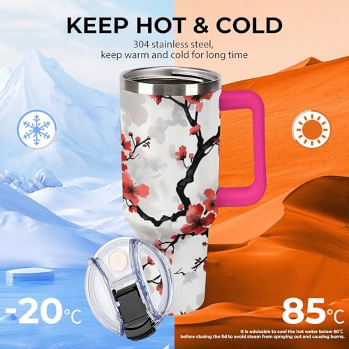 Cherry Flower 40 Oz Tumbler Insulated Stainless Steel Water Bottle Travel Mug Car Cup with Handle And Straw