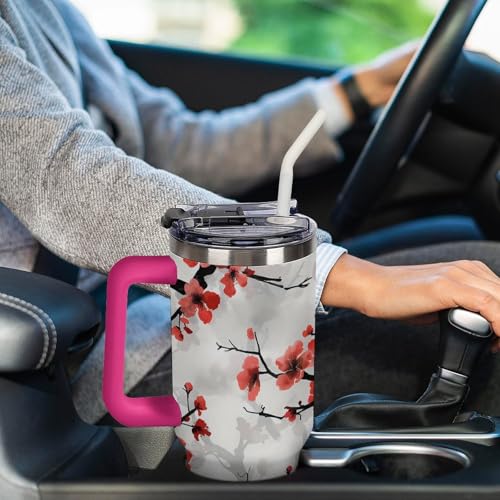 Cherry Flower 40 Oz Tumbler Insulated Stainless Steel Water Bottle Travel Mug Car Cup with Handle And Straw
