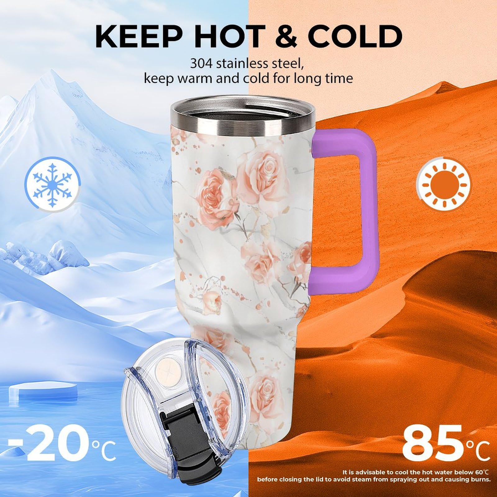 White Marble Rose Gold 40 Oz Tumbler Insulated Stainless Steel Water Bottle Travel Mug Car Cup with Handle And Straw