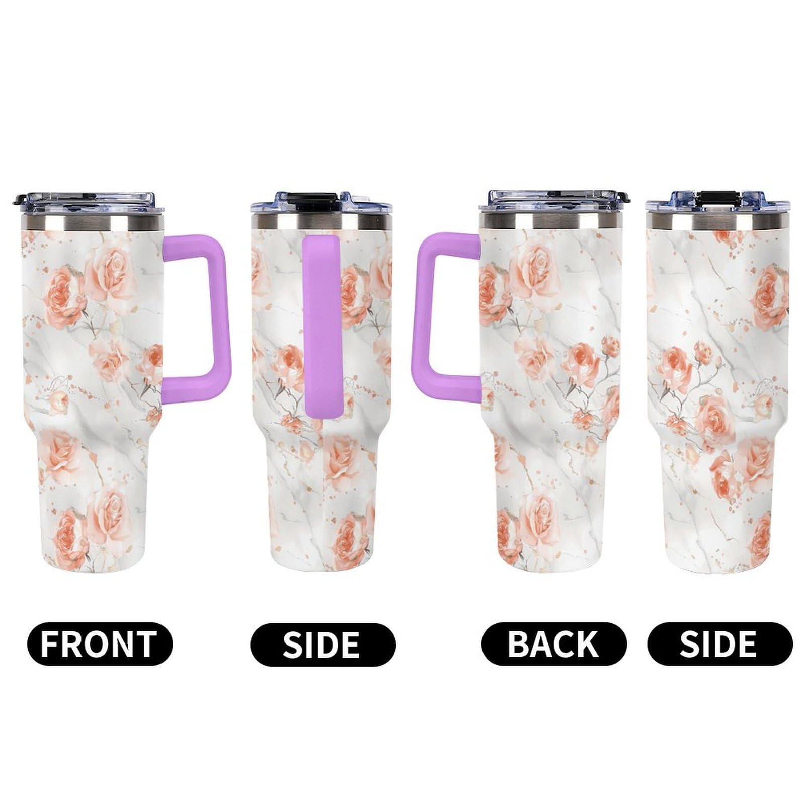 White Marble Rose Gold 40 Oz Tumbler Insulated Stainless Steel Water Bottle Travel Mug Car Cup with Handle And Straw