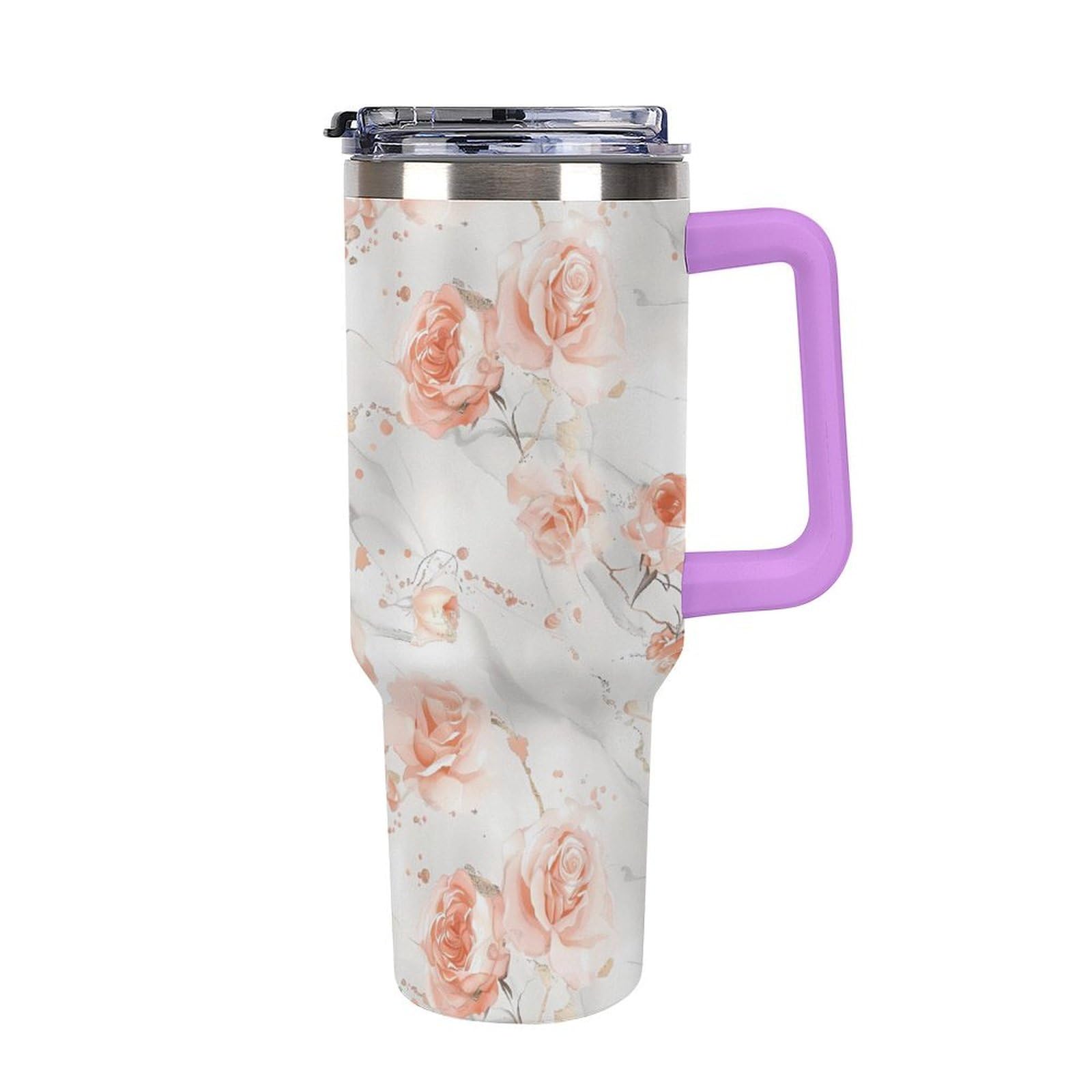 White Marble Rose Gold 40 Oz Tumbler Insulated Stainless Steel Water Bottle Travel Mug Car Cup with Handle And Straw