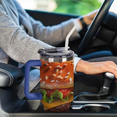 Cheeseburger Fast Food Pattern 40 Oz Tumbler Insulated Stainless Steel Water Bottle Travel Mug Car Cup with Handle And Straw