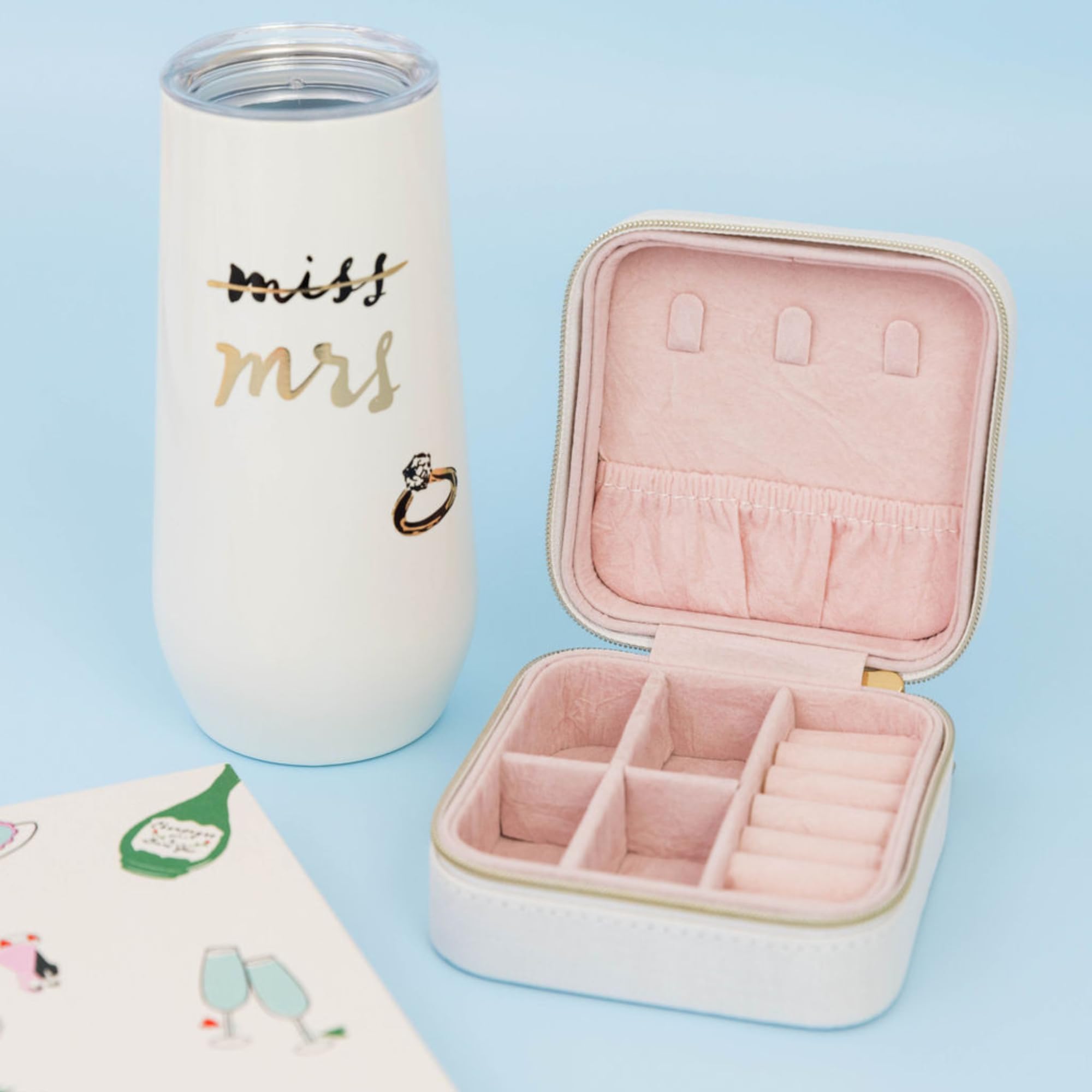 kate spade new york Bridal Acrylic Tumbler with Straw Bundle with Small Travel Jewelry Case Organizer (Miss to Mrs)