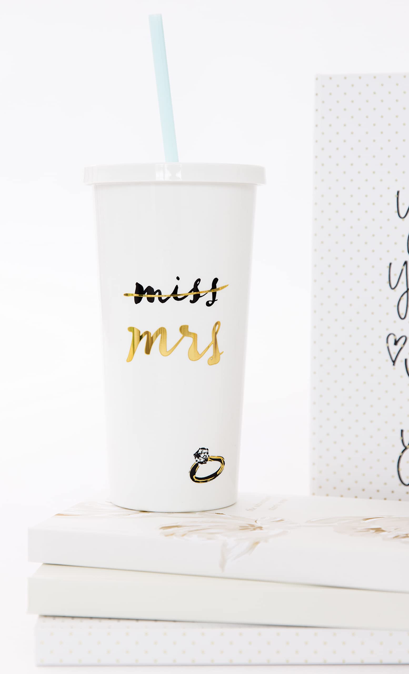 kate spade new york Bridal Acrylic Tumbler with Straw Bundle with Small Travel Jewelry Case Organizer (Miss to Mrs)