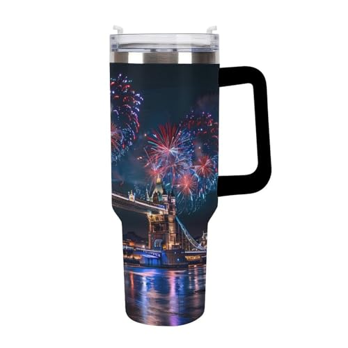 Fireworks over The Tower Bridge London Britain UK 40OZ Tumbler Stainless Steel Travel Mug Water Bottle Car Cup Tea Cups with Lid Black-style