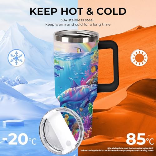 Dolphin 40OZ Tumbler Stainless Steel Travel Mug Water Bottle Car Cup Tea Cups with Lid Black-style