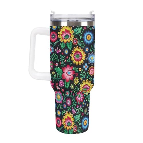Polish Folk Art Floral Pattern 40OZ Tumbler Stainless Steel Travel Mug Water Bottle Car Cup Tea Cups with Lid White-style