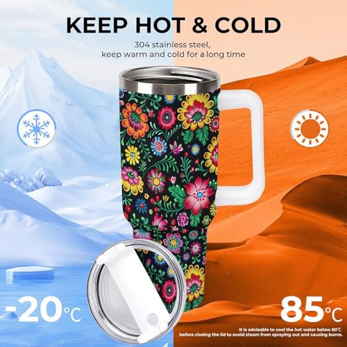 Polish Folk Art Floral Pattern 40OZ Tumbler Stainless Steel Travel Mug Water Bottle Car Cup Tea Cups with Lid White-style