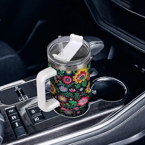 Polish Folk Art Floral Pattern 40OZ Tumbler Stainless Steel Travel Mug Water Bottle Car Cup Tea Cups with Lid White-style
