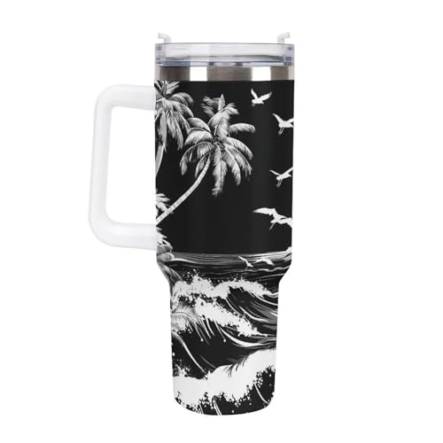 Palm Tree Black 40OZ Tumbler Stainless Steel Travel Mug Water Bottle Car Cup Tea Cups with Lid White-style