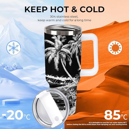 Palm Tree Black 40OZ Tumbler Stainless Steel Travel Mug Water Bottle Car Cup Tea Cups with Lid White-style