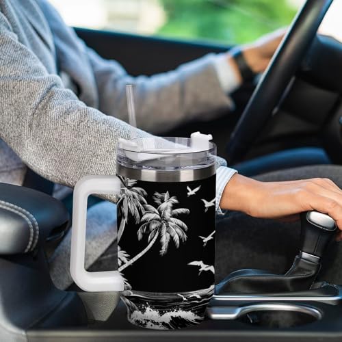 Palm Tree Black 40OZ Tumbler Stainless Steel Travel Mug Water Bottle Car Cup Tea Cups with Lid White-style