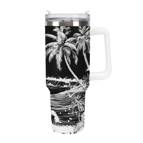 Palm Tree Black 40OZ Tumbler Stainless Steel Travel Mug Water Bottle Car Cup Tea Cups with Lid White-style