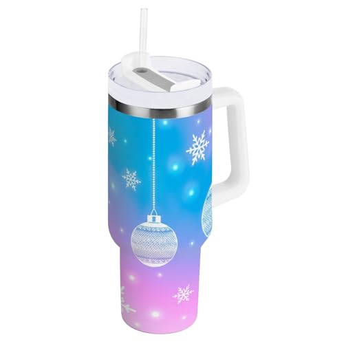 Insulated Stainless Steel Tumblers 40 Oz with Handle and Straw Lid, Christmas Snowflakes Design Insulated Travel Tumbler