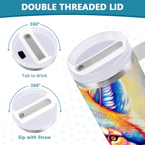 ODAWA 40oz Colorful Wolf Water Tumbler with Handle and Straw, 2 in 1 Lid Vacuum Insulated Tumbler