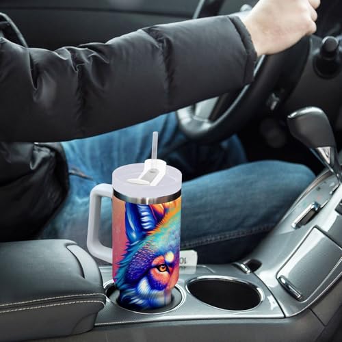 ODAWA 40oz Colorful Wolf Water Tumbler with Handle and Straw, 2 in 1 Lid Vacuum Insulated Tumbler