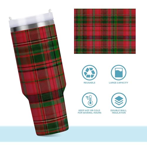 40 Oz Red Green Grid Tumbler Cups with Handle and Straw, Insulated Vacuum Tumbler