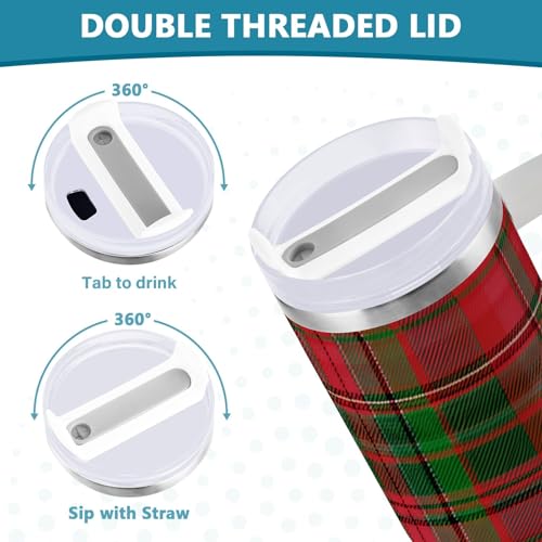 40 Oz Red Green Grid Tumbler Cups with Handle and Straw, Insulated Vacuum Tumbler