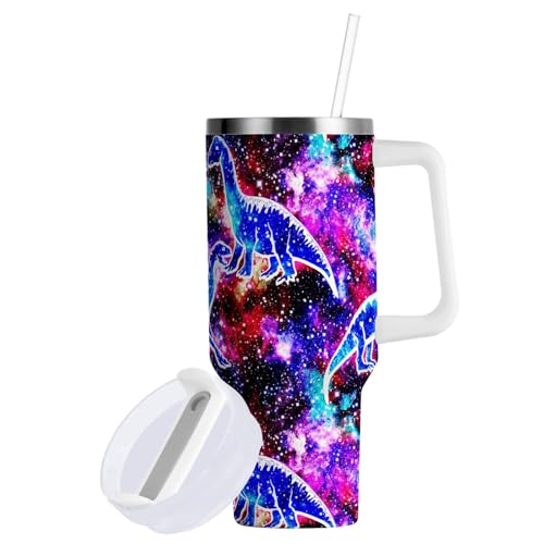 ODAWA 40oz Spill Proof Tumbler with Straw, Dinos Space Galaxy Steel Insulated Tumbler with Handle and Straw Lid