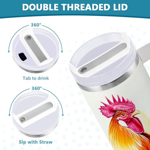 ODAWA Large Travel Coffee Tumbler with Straw and Handle, Rooster Beige Spill Proof Tumbler with Straw