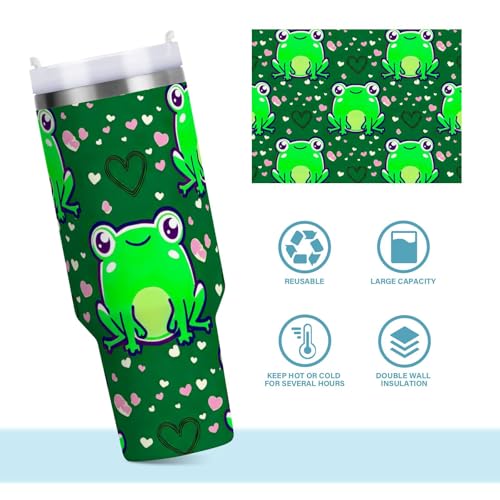 ODAWA 40 Oz Green Kawaii Frog Tumbler Cups with Handle and Straw, 2 in 1 Lid Stainless Steel Tumbler