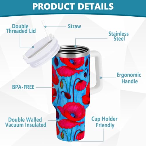 ODAWA 40oz Red Poppies Blue Insulated Tumbler Cup with Handle and Straw Lid, Vacuum Insulated Tumbler
