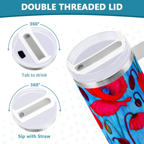ODAWA 40oz Red Poppies Blue Insulated Tumbler Cup with Handle and Straw Lid, Vacuum Insulated Tumbler
