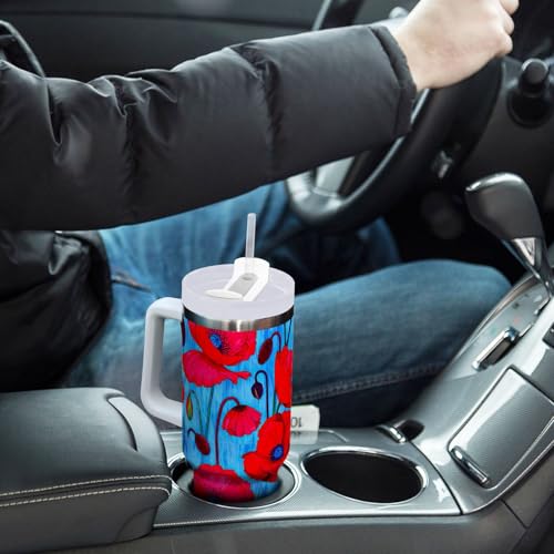 ODAWA 40oz Red Poppies Blue Insulated Tumbler Cup with Handle and Straw Lid, Vacuum Insulated Tumbler