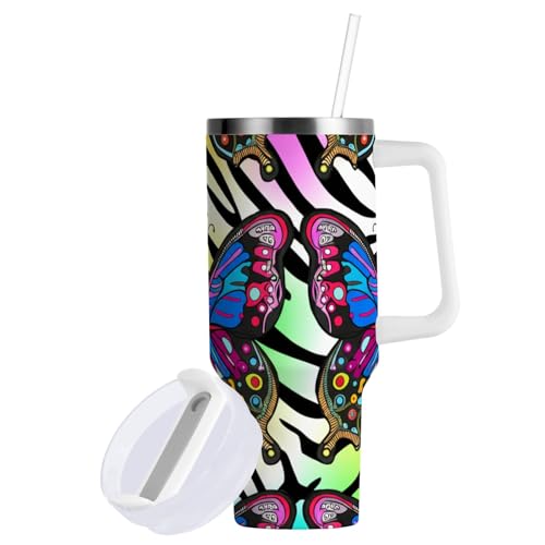 ODAWA Large Butterflies Zebra Insulated Tumbler Cups with Handle and Straw, 2 in 1 Lid Double Insulated Tumblers