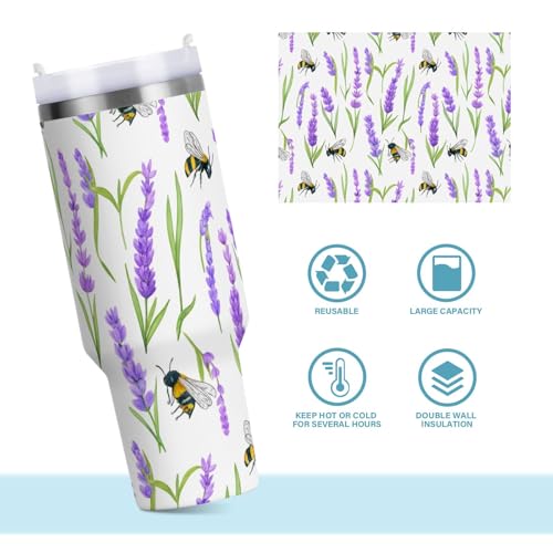 ODAWA Large Bees Lavender Flowers Insulated Tumbler Cup with Straw and Handle, Steel Insulated Tumbler