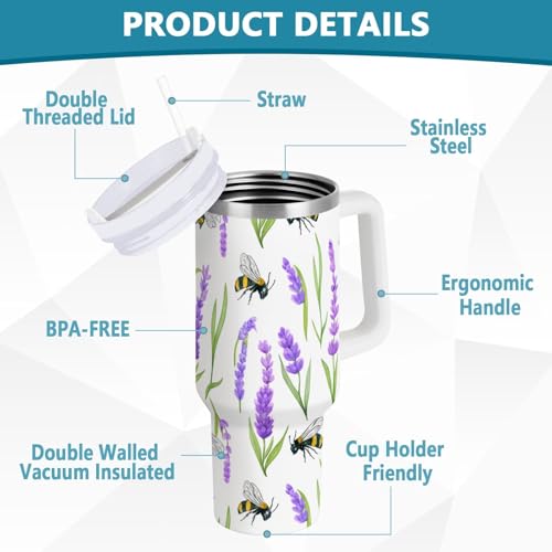 ODAWA Large Bees Lavender Flowers Insulated Tumbler Cup with Straw and Handle, Steel Insulated Tumbler