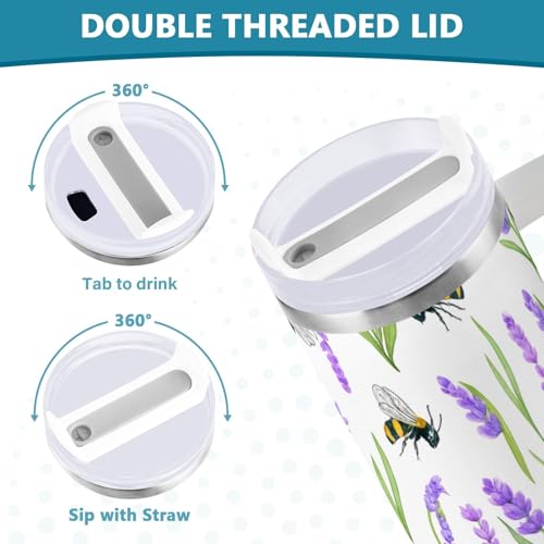 ODAWA Large Bees Lavender Flowers Insulated Tumbler Cup with Straw and Handle, Steel Insulated Tumbler
