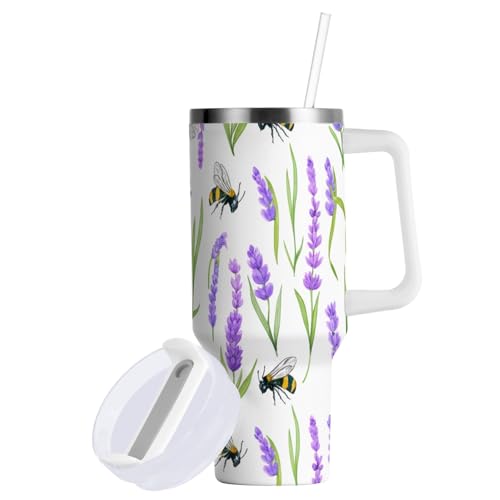 ODAWA Large Bees Lavender Flowers Insulated Tumbler Cup with Straw and Handle, Steel Insulated Tumbler