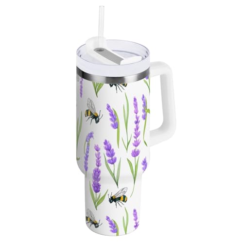 ODAWA Large Bees Lavender Flowers Insulated Tumbler Cup with Straw and Handle, Steel Insulated Tumbler